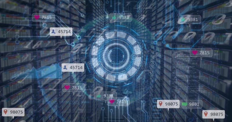 Social Media Icons and Scope Processing Over Server Room Stock Photo ...