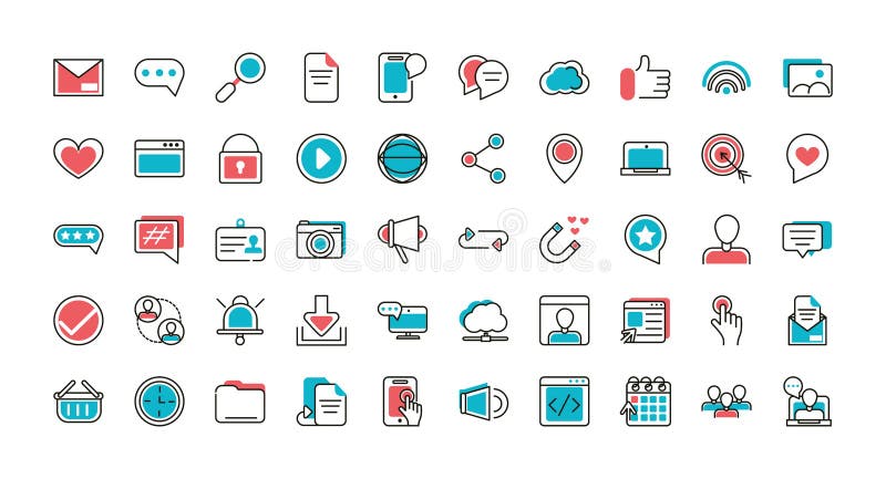 Social Media Icons Set Line and Fill Stock Vector - Illustration of ...