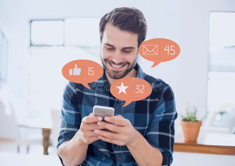 Social Media Icons on Speech Bubbles Against Caucasian Man Using ... Social Media Icons on Speech Bubbles Against Caucasian Man Using ...