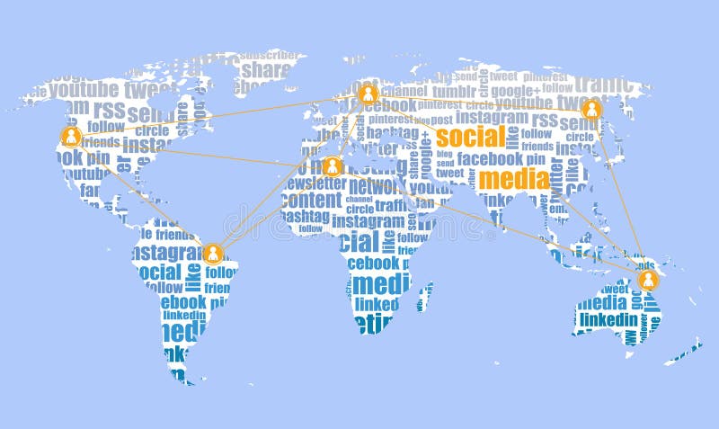 Social Media Illustration, Icons on World Map Tagcloud Stock ...