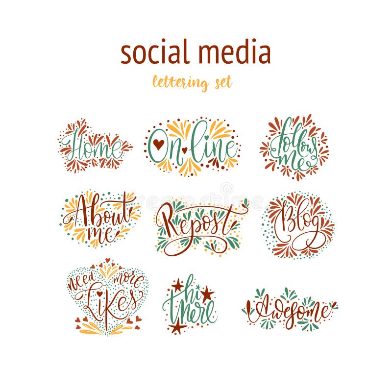 Social Media Lettering Set. Stock Vector - Illustration of handwritten ...