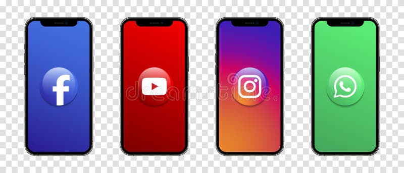 Social Media Logo 3D Round Glossy Icons Set on Iphone Screen. Editorial ...