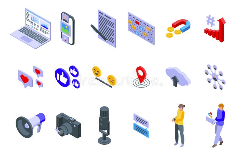 Social Media Manager Icons Set Isometric Vector. Digital Laptop Stock ...