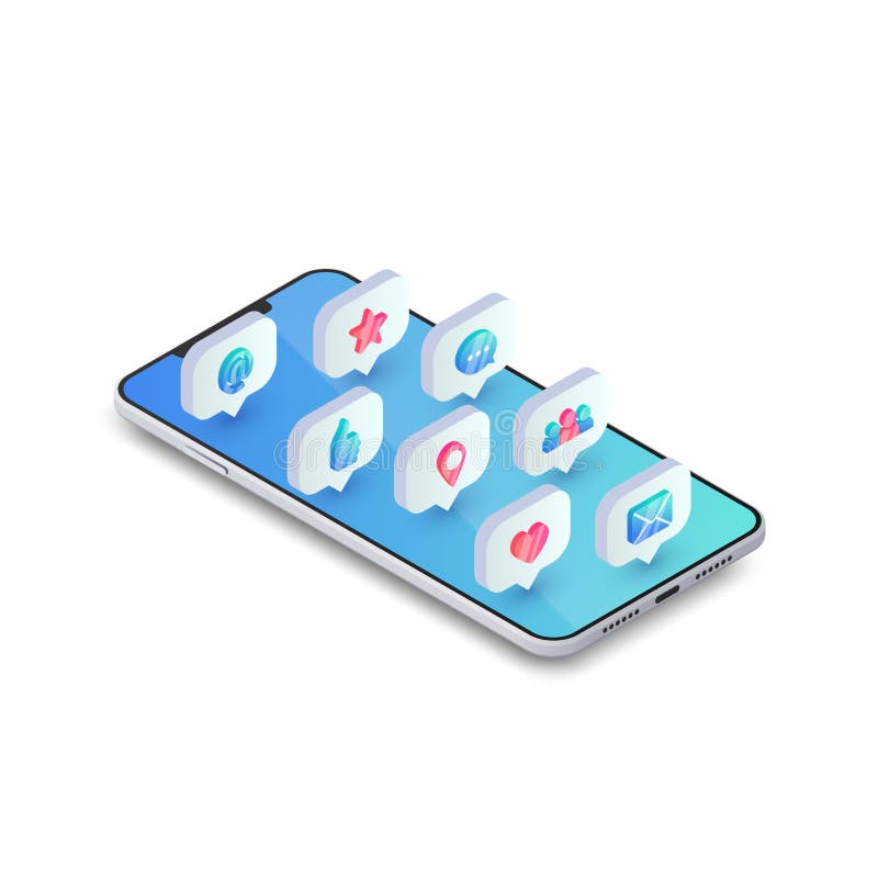 Social Media Mobile Apps Isometric Concept. 3d Chat, New Message, Email ...