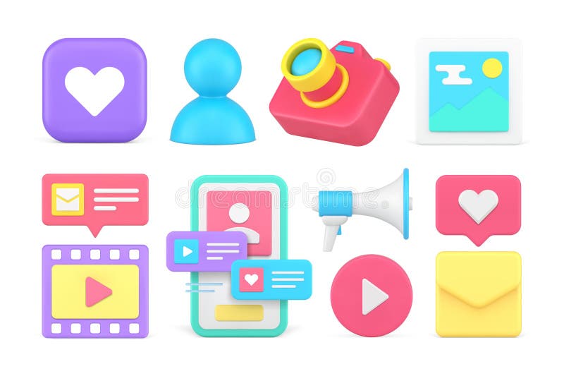 Social Media Network Communication Digital Chatting Cyberspace Content Set 3d Icon Realistic ...