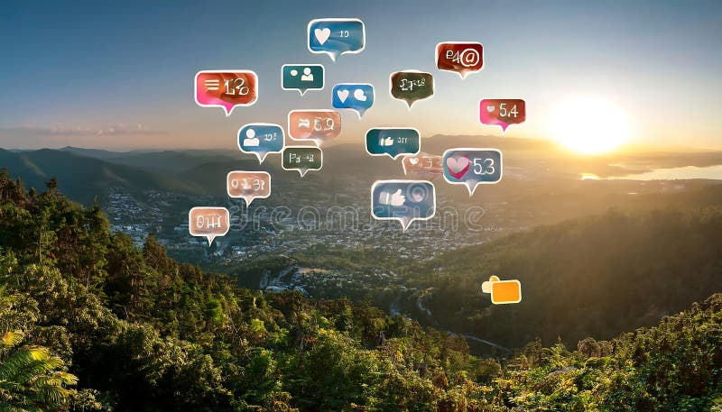 Social Media Network Visualized Over a Scenic Landscape, Connecting ...