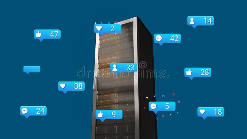 Social Media Notifications Animation Over Server Rack on Blue ...