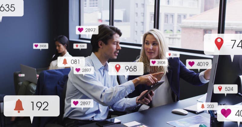 Social Media Notifications Image Over Business People Working in Modern ...