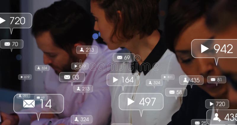 Social Media Notifications Image Over Diverse People Working in Office ...