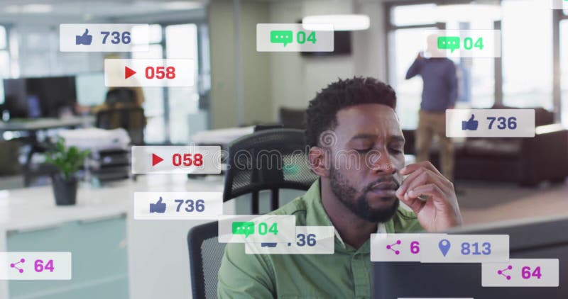 Social Media Notifications Image Over Man Working in Modern Office ...