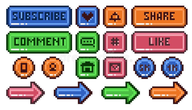 Social Media Pixel Buttons. Retro Games Style App Interface, Like ...