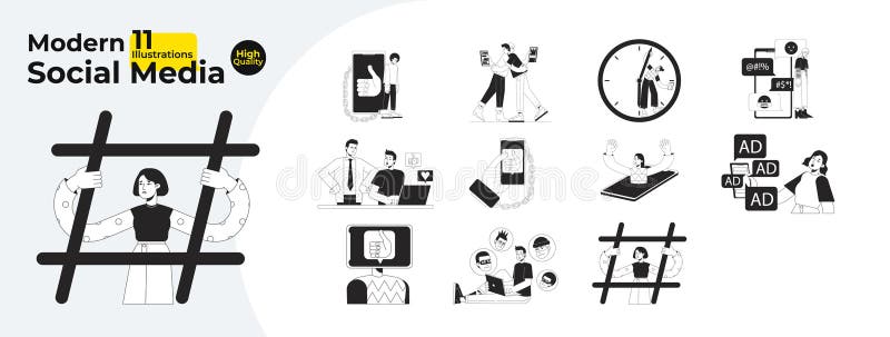 Social Media Problems Bw Concept Vector Spot Illustrations Bundle Stock ...