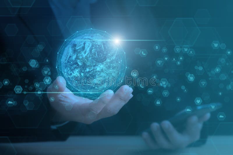 Social Network and Big Data Technology Concept.Businessman Holding the ...