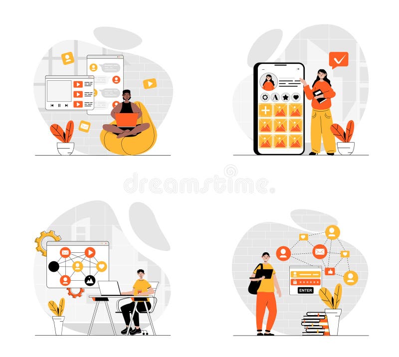 Social Network Concept with Character Set. Vector Illustrations Stock ...