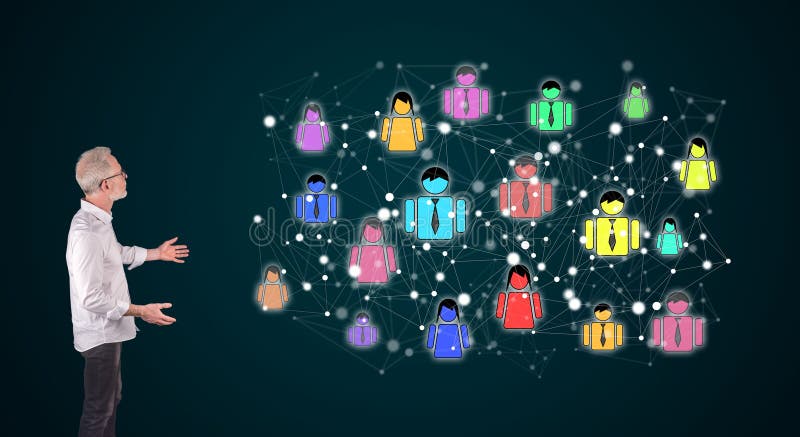 A Social Network Concept Explained by a Businessman on a Wall Screen ...