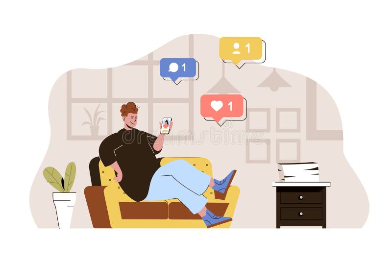Social Network Concept. Man Browsing Posts, Likes and Comments at ...