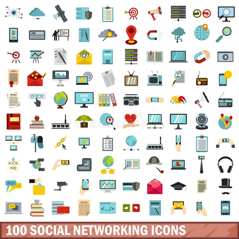 100 Social Networking Icons Set, Flat Style Stock Vector - Illustration ...