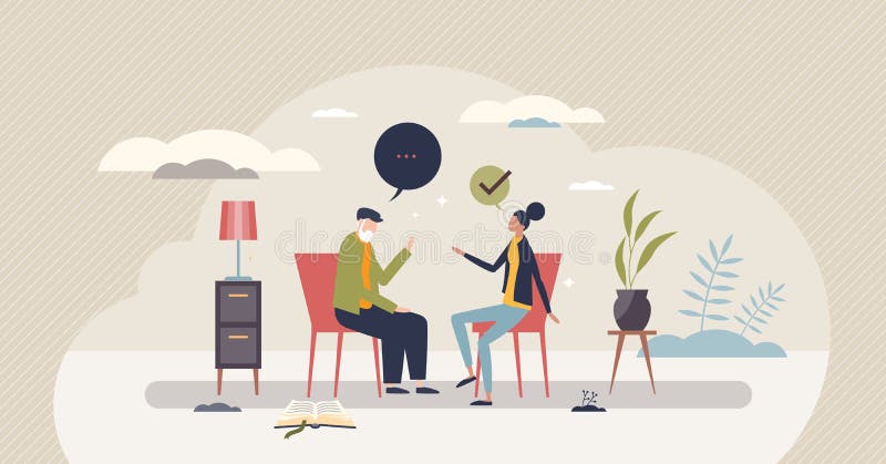 Social Worker Talking with Old Man in Retirement Age Tiny Person ...