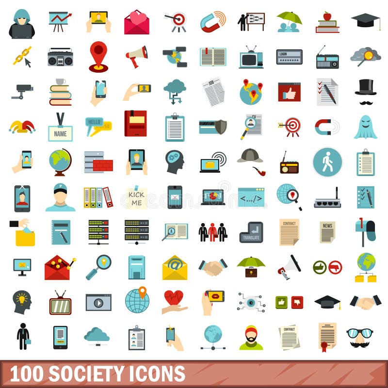 100 Society Icons Set, Flat Style Stock Vector - Illustration of ...
