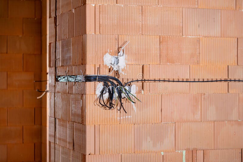 Socket Back Boxes with Wires in a Wall. Cabling Background. Colorful ...