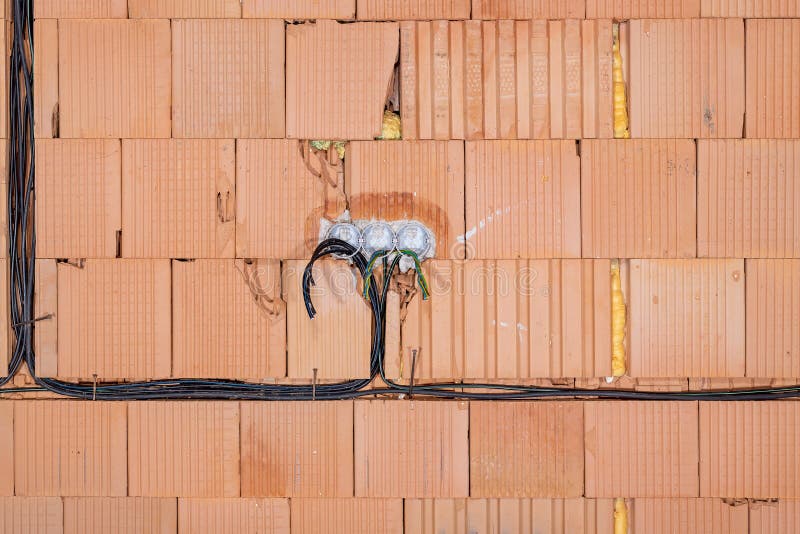 Socket Back Boxes with Wires in a Wall. Cabling Background. Colorful ...