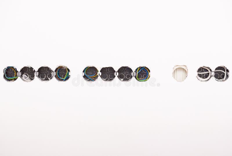 Socket Back Boxes with Wires in a Wall. Cabling Background. Colorful ...