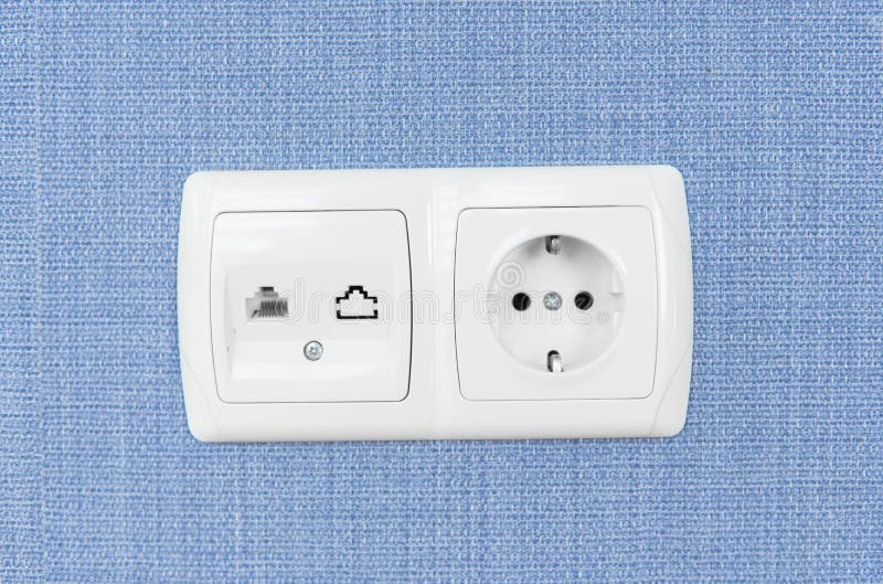 Socket on a Blue Wall, a Multifunction Outlet with an Internet ...