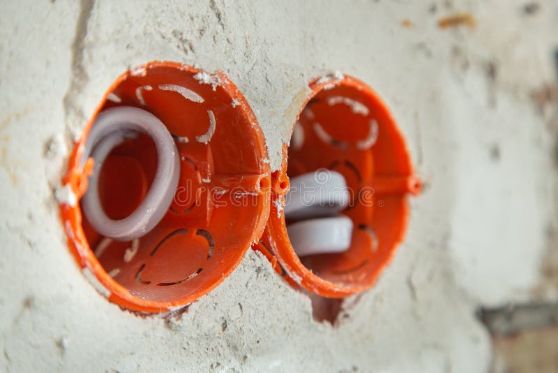 Socket Orange Boxes with Wires in a Wall. Cabling Installation of ...