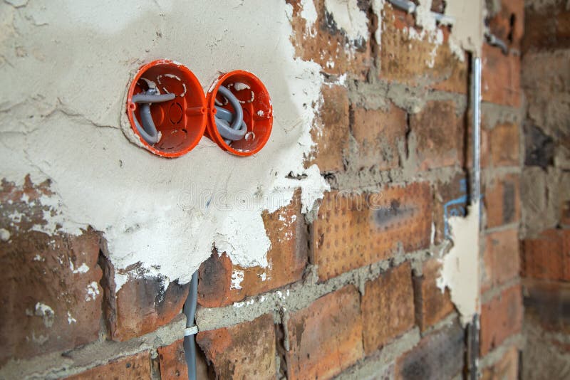 Socket Orange Boxes with Wires in a Wall. Cabling Installation of ...