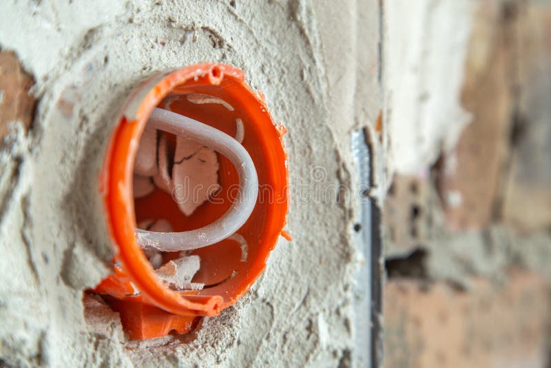 Socket Orange Boxes with Wires in a Wall. Cabling Installation of ...