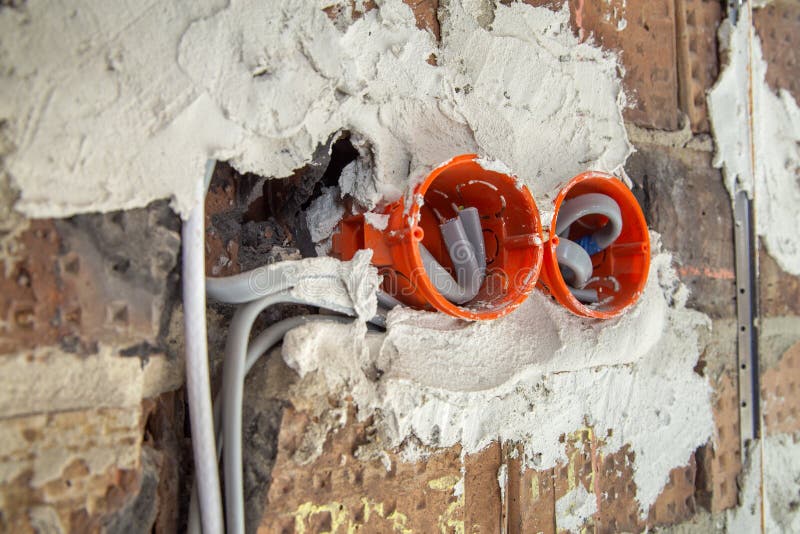 Socket Orange Boxes with Wires in a Wall. Cabling Installation of ...