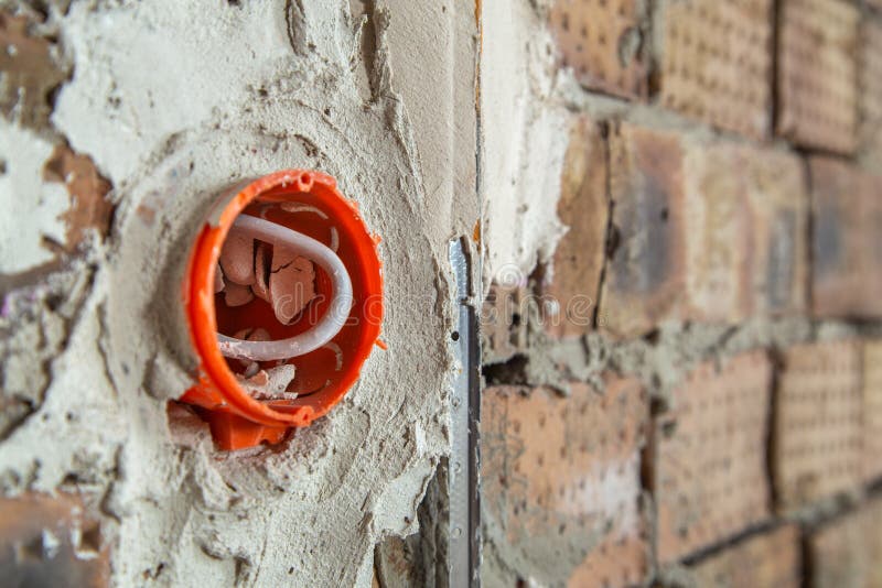 Socket Orange Boxes with Wires in a Wall. Cabling Installation of ...