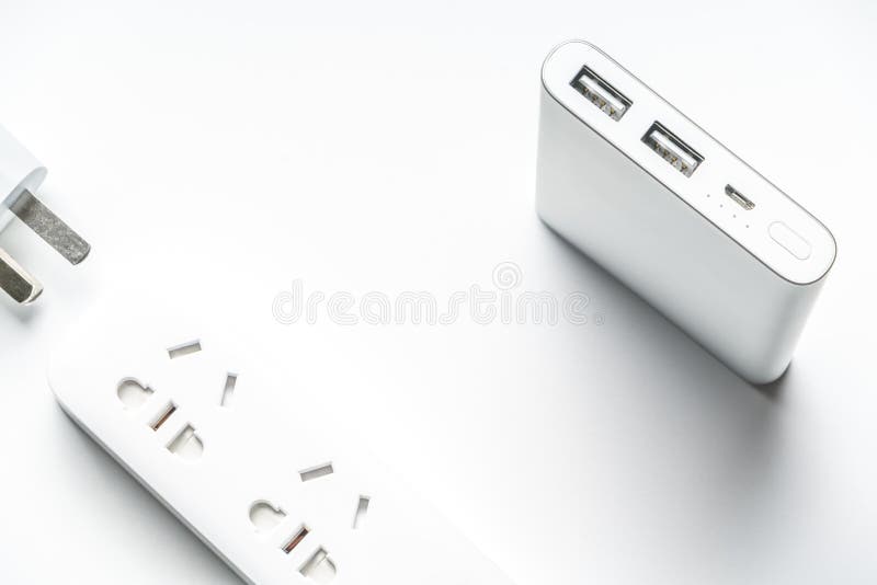 Socket Plug Electric Power Bar and White Silver Power Bank Isolate ...