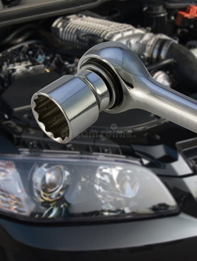 V8 Supercharged Car Engine and Spanner Stock Photo - Image of ...