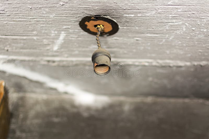 Bare Light Socket on Rough Ceiling Exposed Wiring and Empty Socket ...