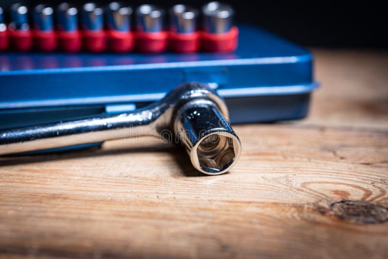 A Socket Wrench and Its Inserts on a Blue Tool Box Stock Image - Image ...