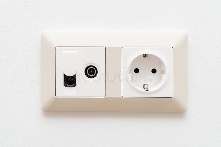 Sockets on White Wall. Multifunction Outlet with Internet Connection ...