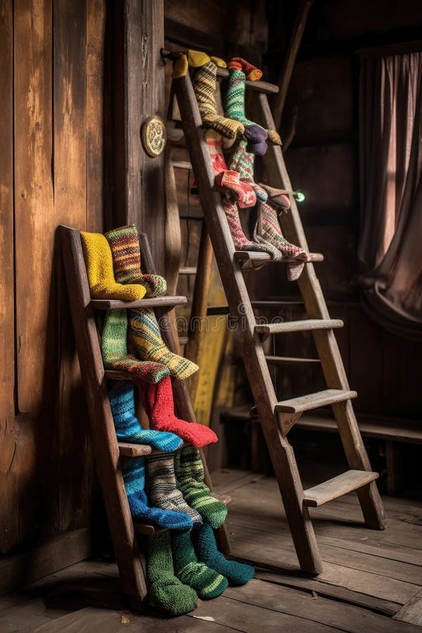 Socks Drying on a Rustic Wooden Ladder Stock Illustration ...