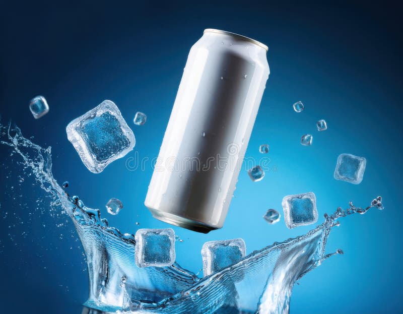 Soda Can Floating Above Water Splash Surrounded by Ice Cubes Stock ...