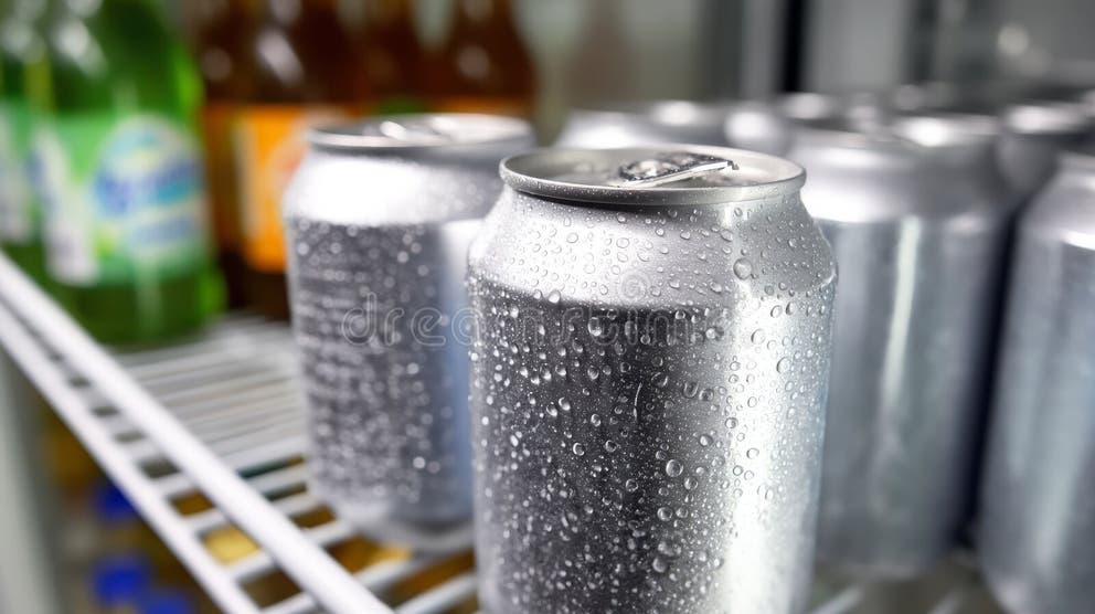 Soda Cans in a Fridge with Condensation Droplets. Stock Photo - Image ...