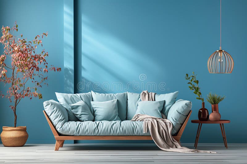 Sofa on a Background of Blue Wall Front View, Concept of Modern ...