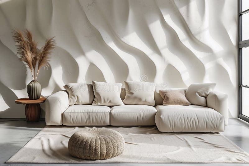 Sofa on Background of White Relief Wall, Concept of Modern Minimalist ...