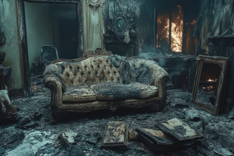 Sofa Burning in Fire Damaged Luxury Home Interior, Showing the ...