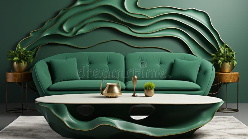 Sofa and Coffee Table with Wavy Green Design Stock Image - Image of ...