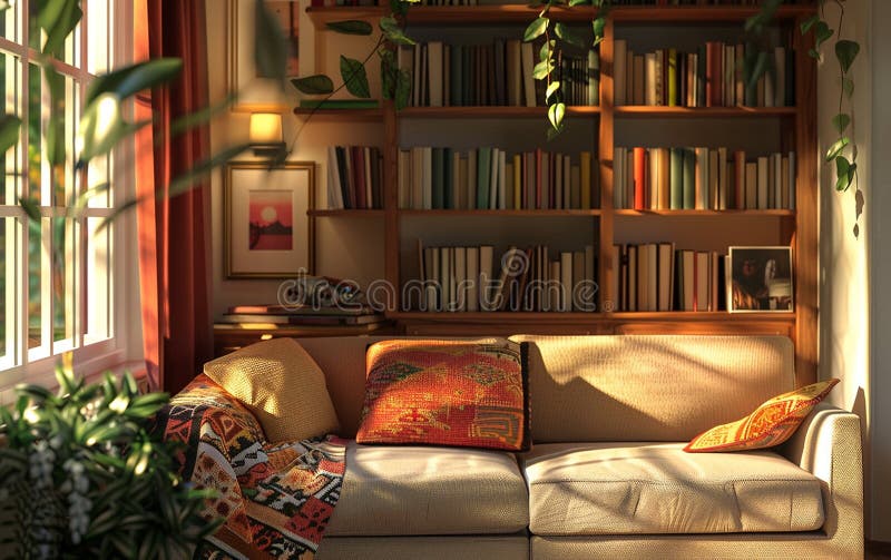 Sofa Facing a Warm and Cozy Reading Area -Generative Ai Stock Photo ...