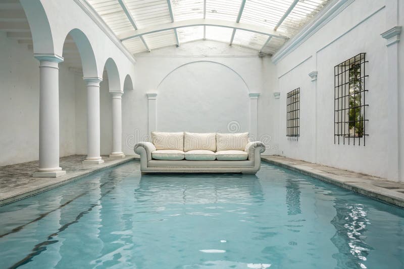 Sofa Floating in a Swimming Pool in a Minimalist Interior 3D Render ...