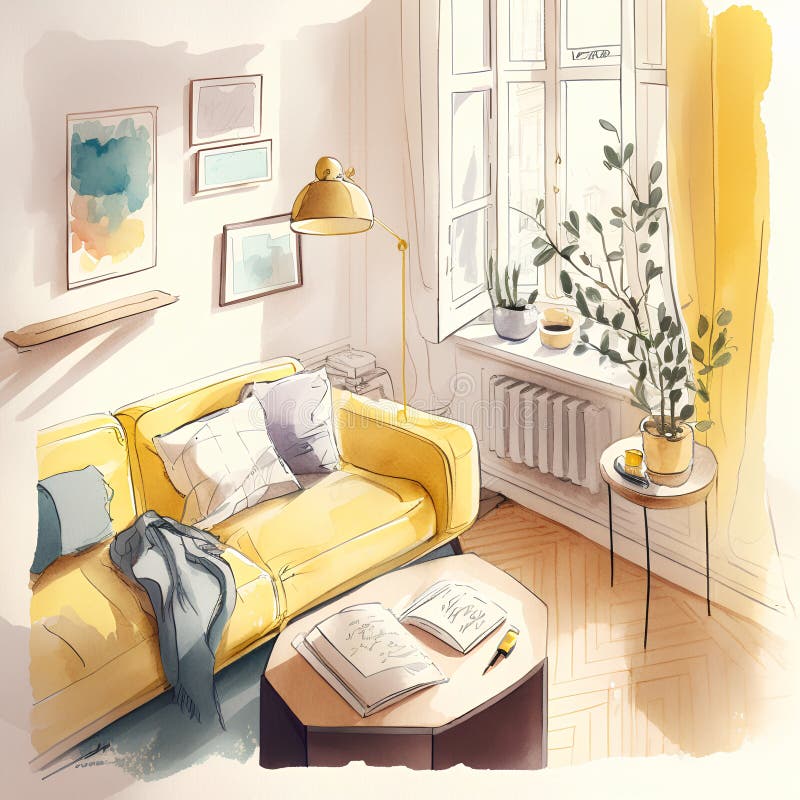 Sofa in the Living Room, Drawing by Watercolor. Stock Illustration ...