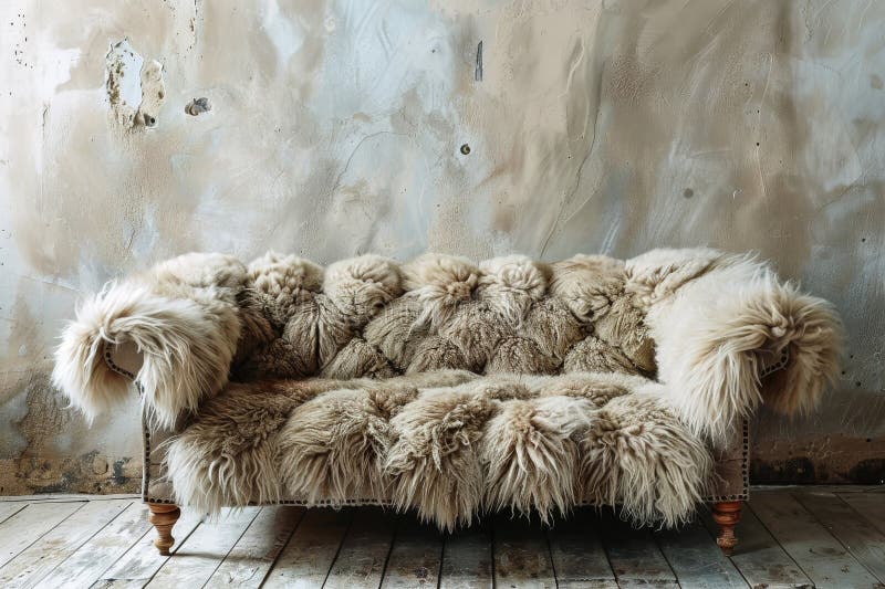 A Sofa Made of Fur in Front of a Single Colored Wall Stock Illustration ...