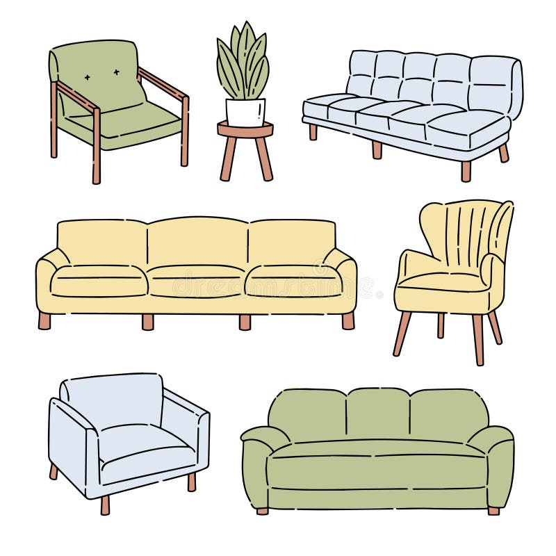 Sofa Outline Doodle Icon Set Stock Vector - Illustration of relax ...