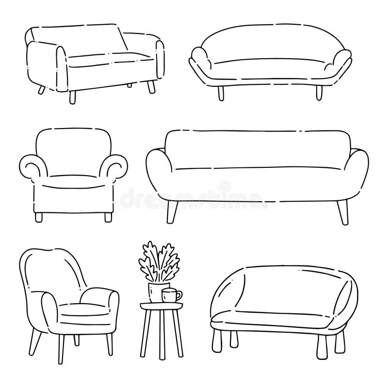 Sofa Outline Doodle Icon Set Stock Vector - Illustration of relax ...